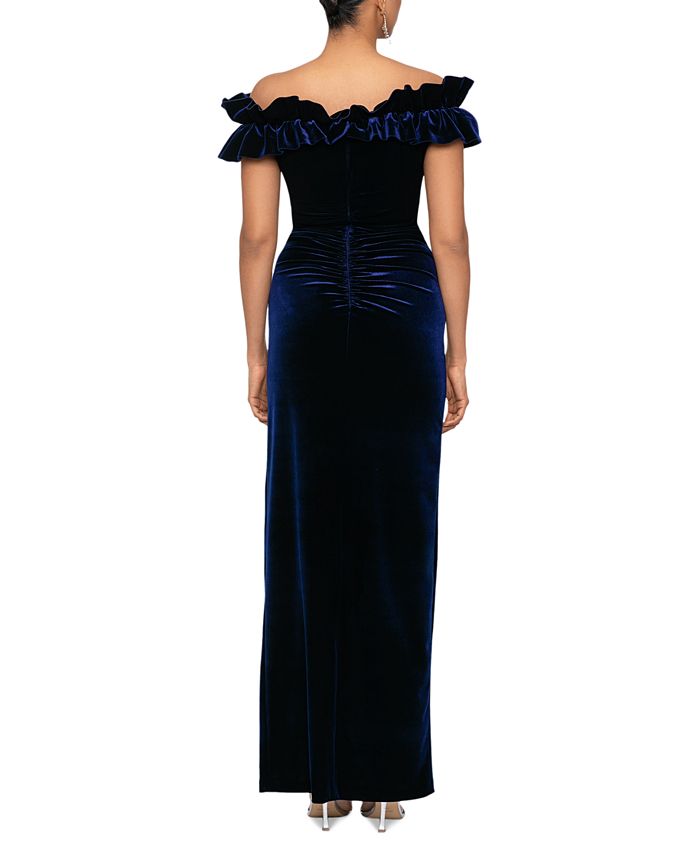 XSCAPE Women's Ruffled Off-The-Shoulder Velvet Gown - Macy's