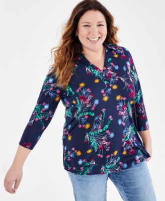 Style & Co Plus Size Lola Floral-Print Johnny-Collar Tunic, Created for ...