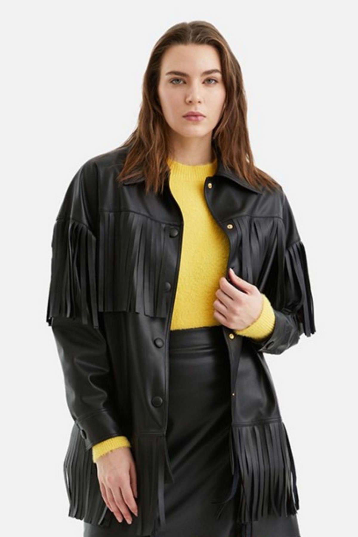 Click here for Nocturne Womens Fringe Faux Suede Jacket - Black prices
