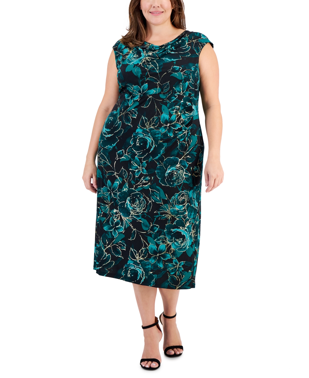 Click here for Connected Plus Size Floral-Print Cowlneck Midi Dre... prices