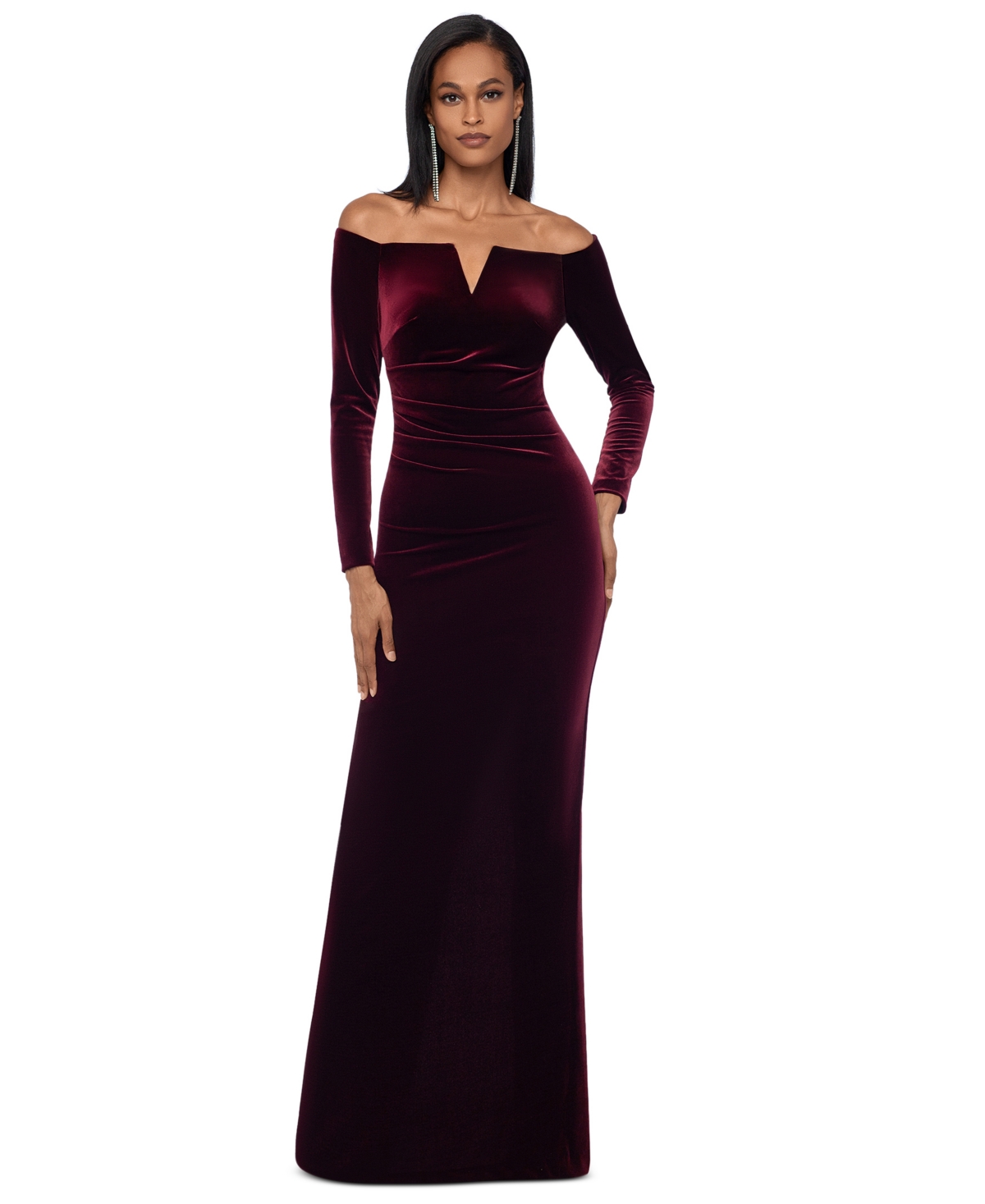 Click here for Xscape Velvet Off-The-Shoulder Gown - Burgundy prices