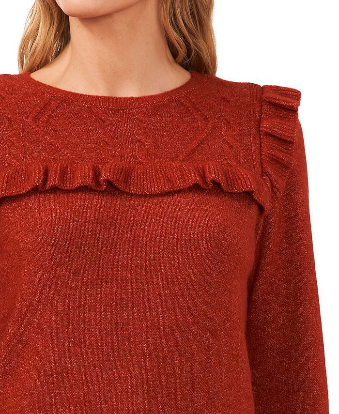 CeCe Women's Cable Knit Ruffled Detail Long Sleeve Crewneck Sweater ...