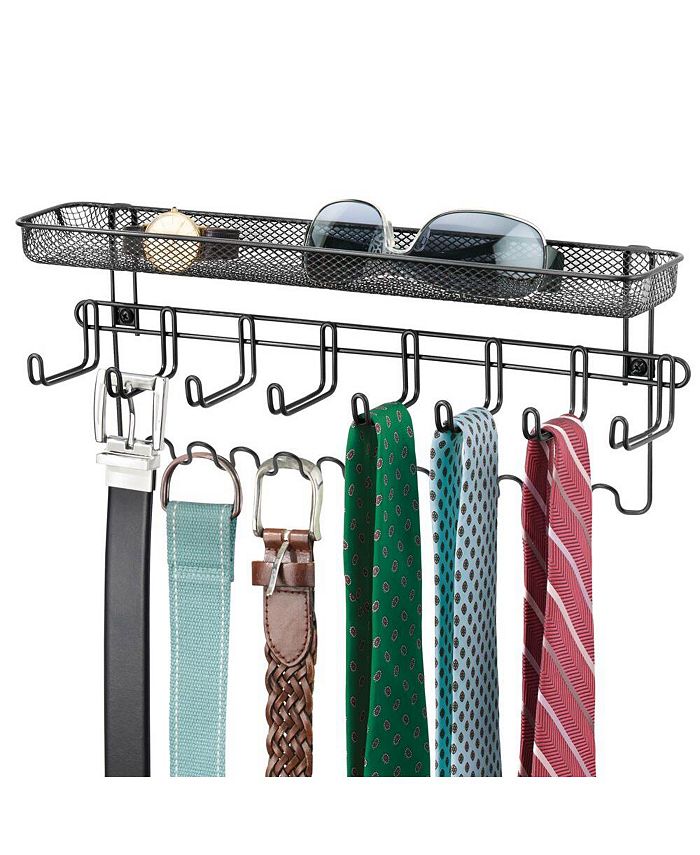 mDesign Steel Wall Mount Closet Organizer Rack, 8 Hooks/Storage Basket ...