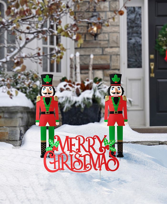Glitzhome Set of 3 Metal Nutcracker and MERRY CHRISTMAS Yard Stake - Macy's