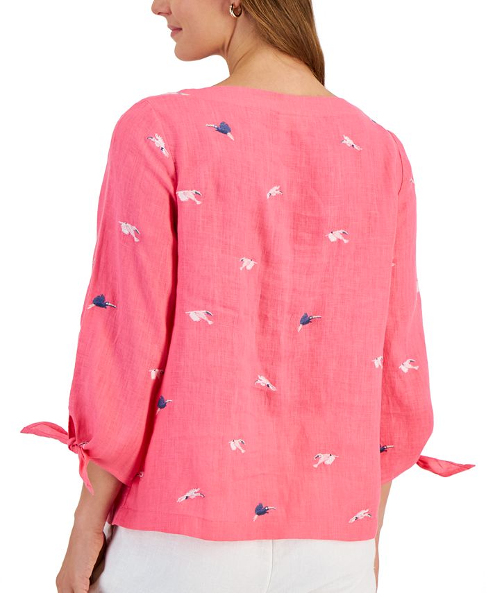 Charter Club Women's 100% Linen Flight Pattern Embroidered Blouse ...