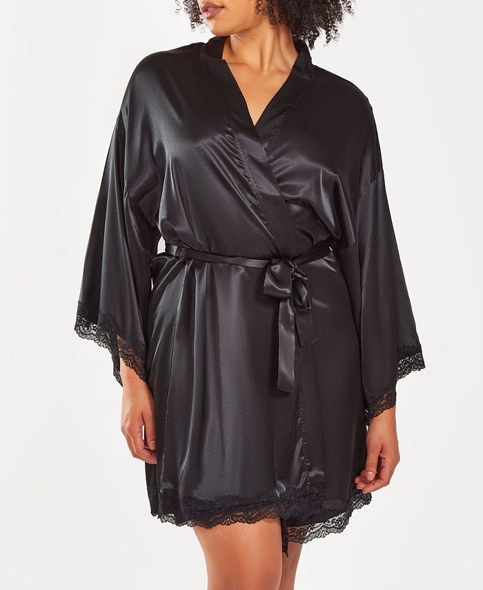 iCollection Plus Size Silky Laced Trim Short Robe - Macy's