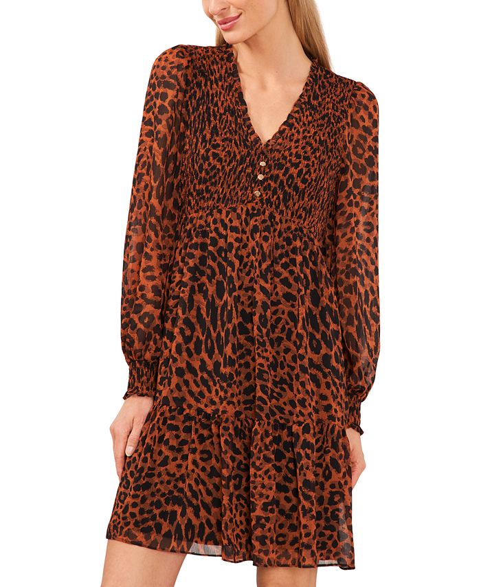 Cece Womens Smocked Leopard Print Mini Dress Macys