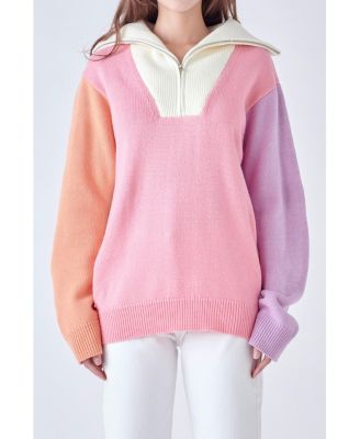 English Factory Women's Colorblock Zip Pullover Sweater - Macy's