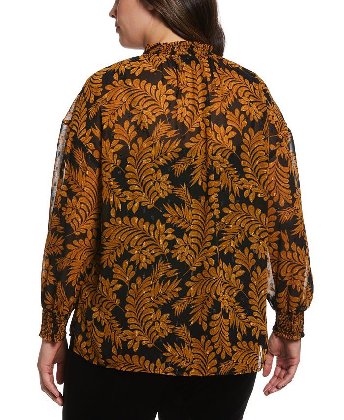 ELLA Rafaella Plus Size Metallic Leaves Print Long Sleeve Blouse - Macy's