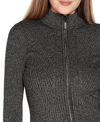 Belldini Black Label Women's Lurex Mock Neck Ribbed Zip Up Sweater - Macy's