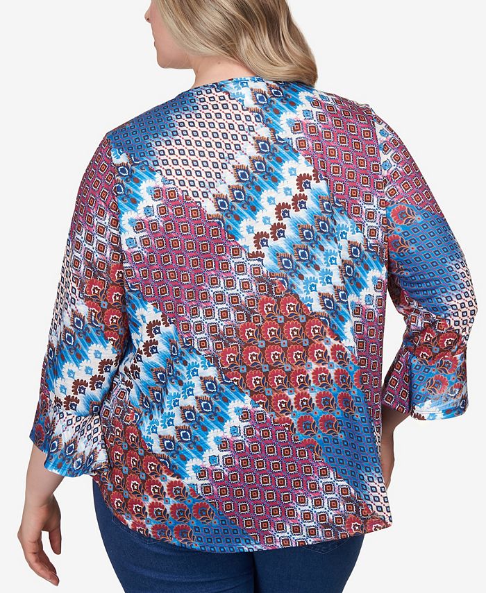 Ruby Rd. Plus Size Mixed Bohemian Geo Patchwork Top with Bell Sleeves ...