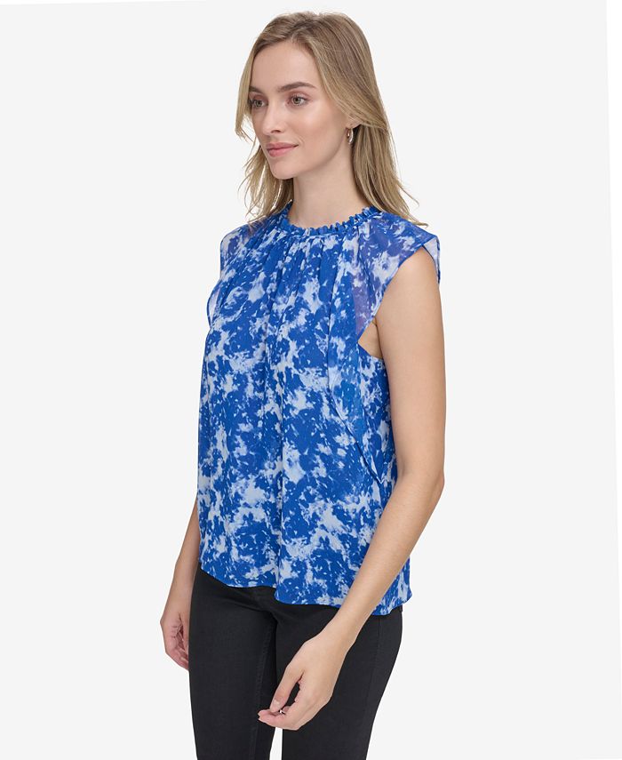 Calvin Klein Women's Printed Ruffle-Neck Sleeveless Shell Top - Macy's