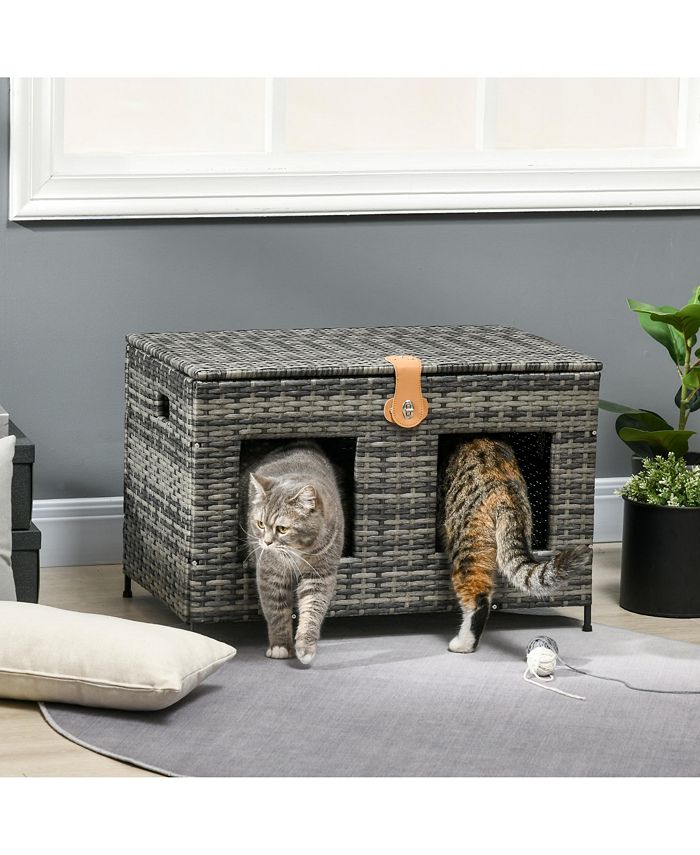 PawHut Rattan Cat Bed with Removable Divider, Double-Room Wicker Cat ...