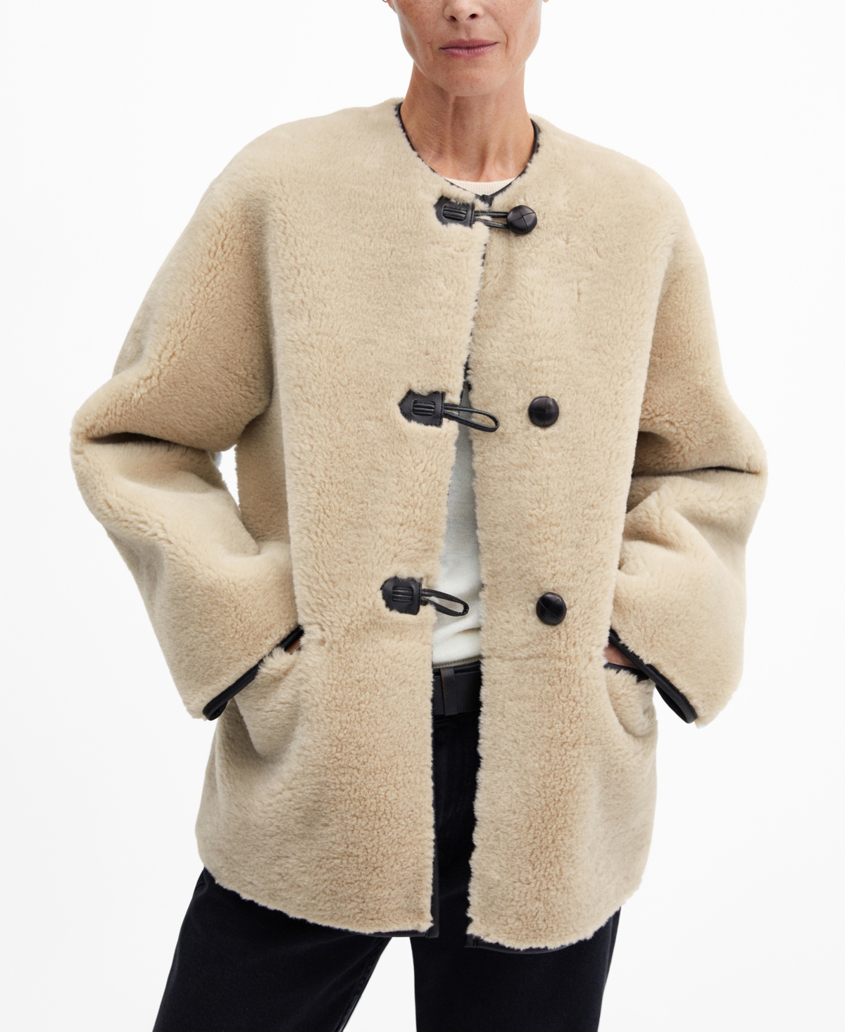 Mango Women's Appliques Faux-Fur Coat - Khaki | Smart Closet