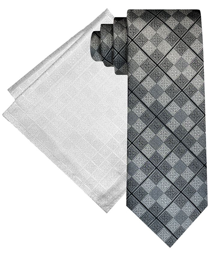 Steve Harvey Men's Extra Long Ornate Grid Tie & Pocket Square Set - Macy's