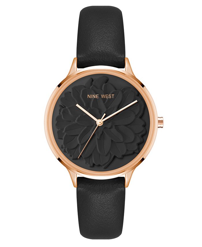 Nine West Women's Quartz Black Faux Leather Band Watch, 34.5mm - Macy's