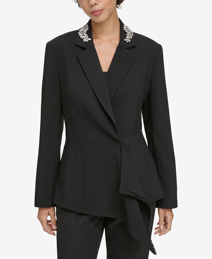 Donna Karan Women's Rhinestone-Brooch Cascade-Ruffle Blazer - Macy's