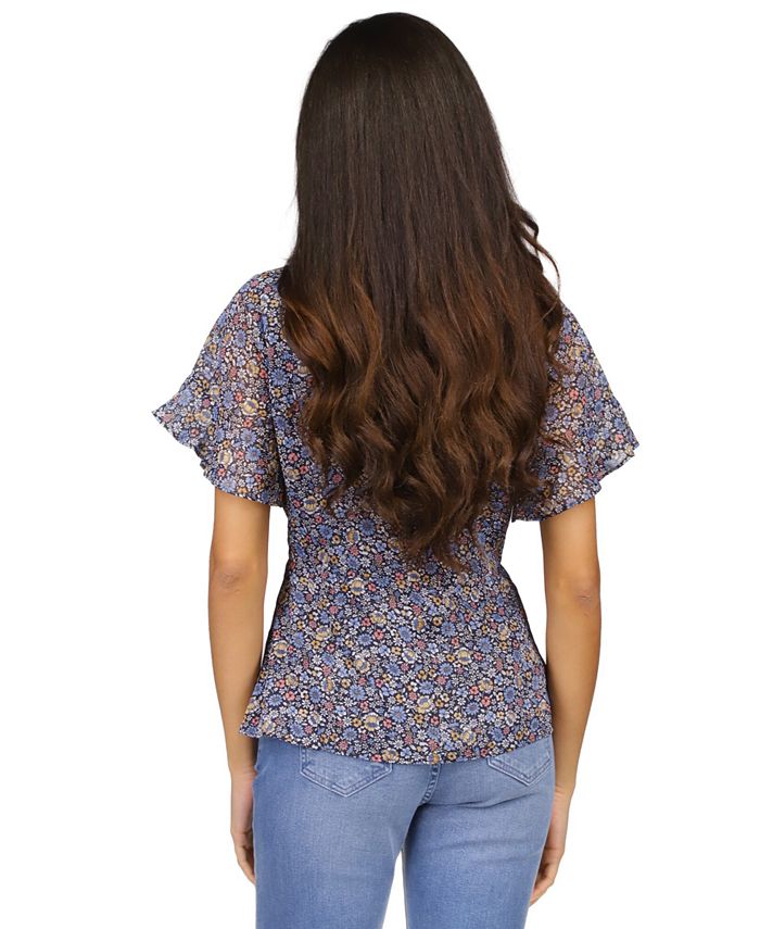 Michael Kors Womens Floral Print Flutter Sleeve Top Macys