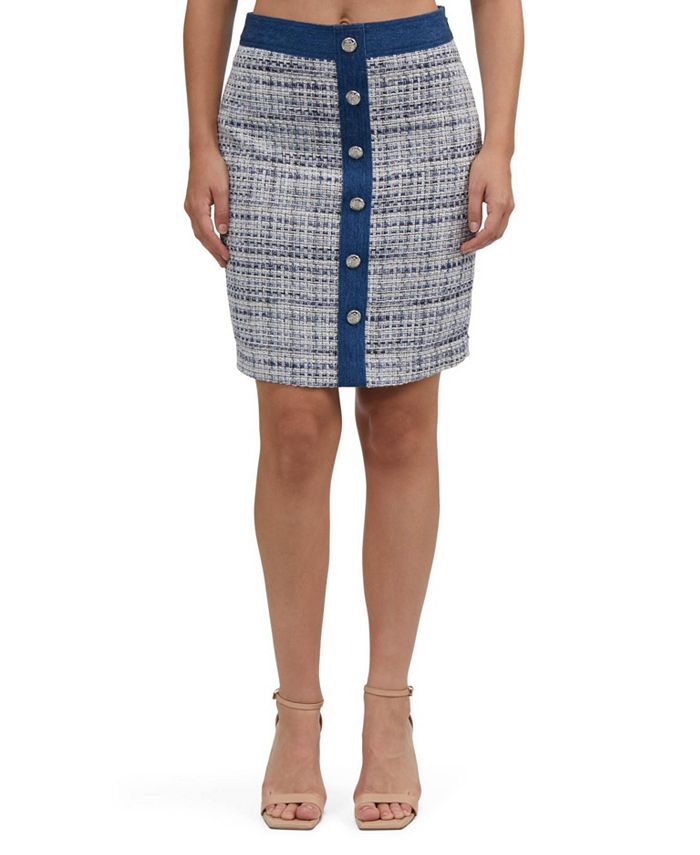 Bebe Women's Tweed & Denim Tailored Skirt - Macy's