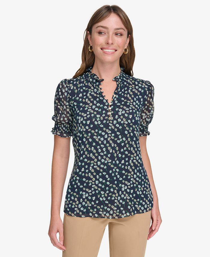 Tommy Hilfiger Women's Ruffled-Neck Ditsy Floral Blouse - Macy's