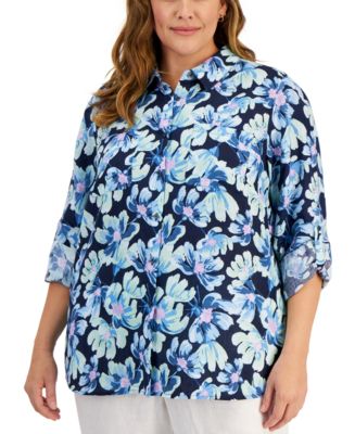 Charter Club Plus Size 100% Linen Roll-Tab Shirt, Created for Macy's ...