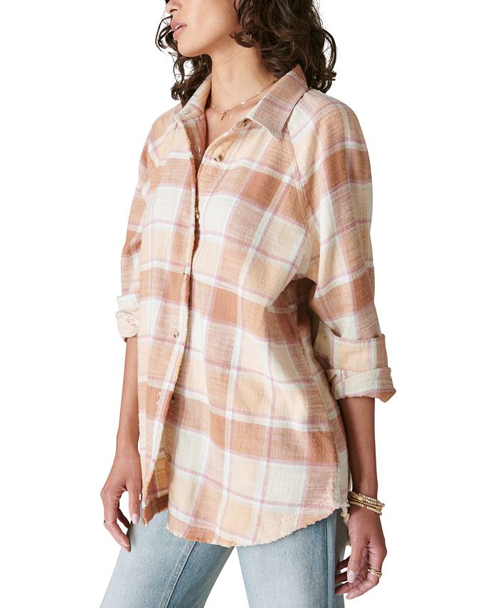 Lucky Brand Women's Cotton Oversized Distressed Plaid Shirt - Macy's
