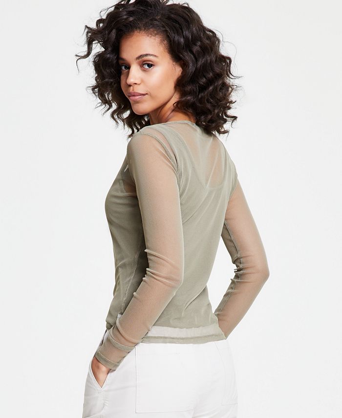 DKNY Jeans Women's Long-Sleeve Crewneck Mesh Top - Macy's