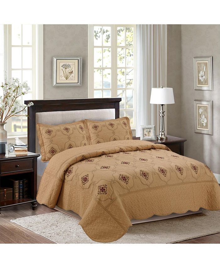 MarCielo 3 Piece Quilted Embroidery Quilts Bedspreads Set Emma - King ...