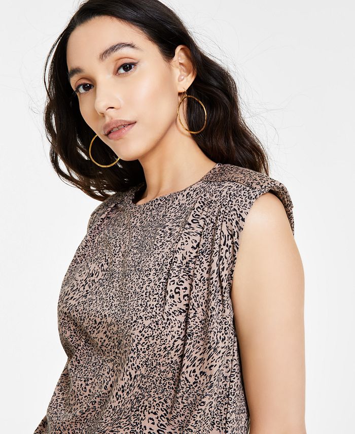 Bar III Women's Printed Cotton Pleated-Shoulder Top, Created for Macy's ...