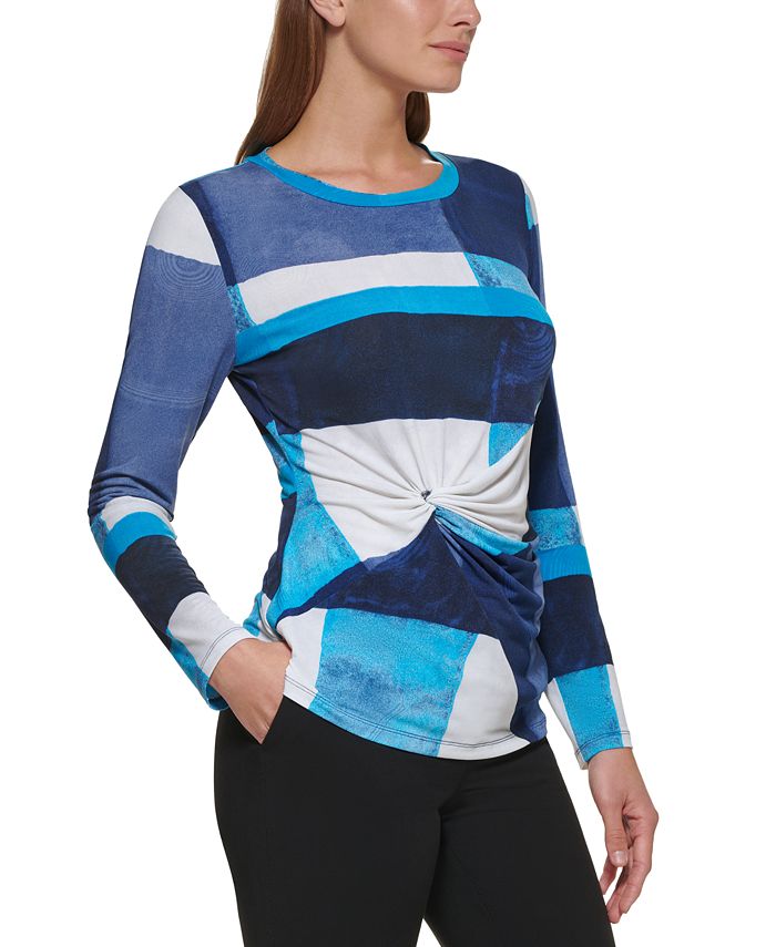 DKNY Women's Geometric Printed Side Knot Long-Sleeve Top - Macy's