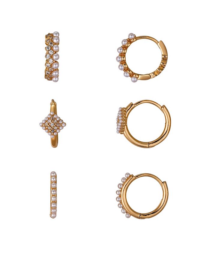 Unwritten 14K Gold Flash Plated Cubic Zirconia and White Imitation Pearl Hoop 6-Piece Earring ...