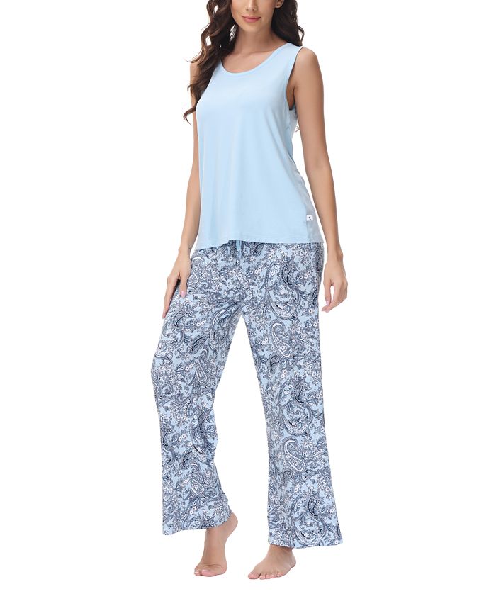 Echo Women's Solid 2 Piece Tank Top with Printed Wide Pants Pajamas Set ...