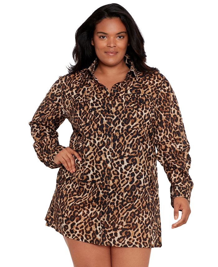 Lauren Ralph Lauren Plus Size Cotton Leopard-Print Camp Shirt Cover-Up ...