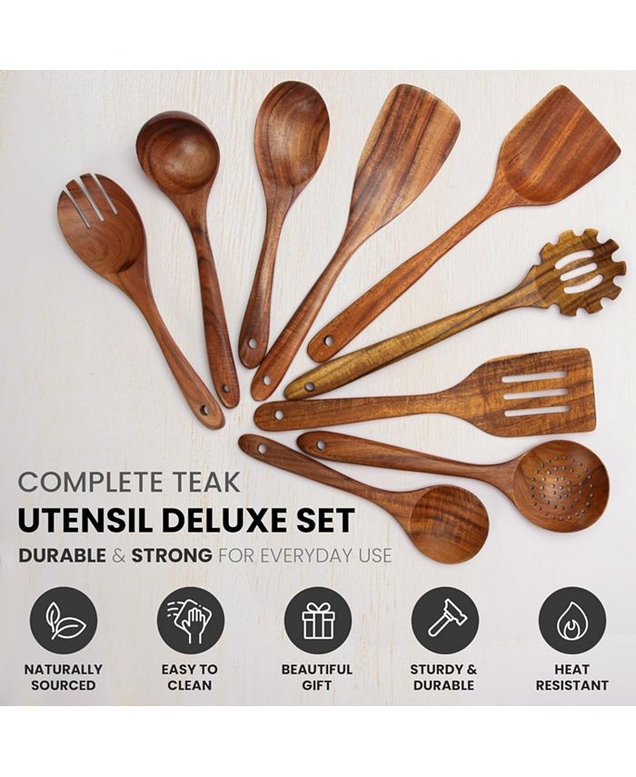Zulay Kitchen 9-Piece Teak Wooden Utensils for Cooking with Premium ...