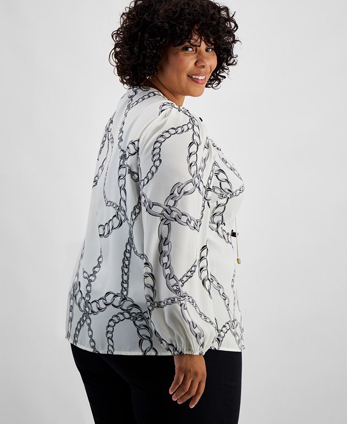 I.N.C. International Concepts Plus Size Chain-Print Lace-Up-Neck Top ...