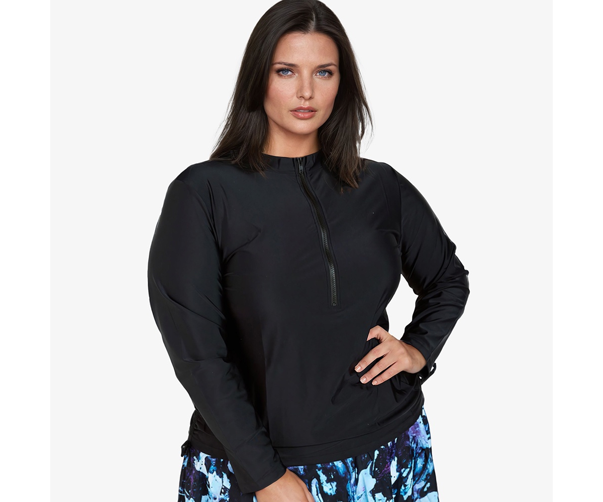 Click here for Calypsa Plus Size Half-Zip Nora Swim Top - Black prices