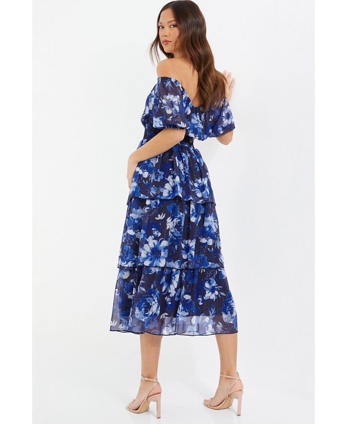 QUIZ Women's Chiffon Floral Bardot Tiered Midi Dress - Macy's