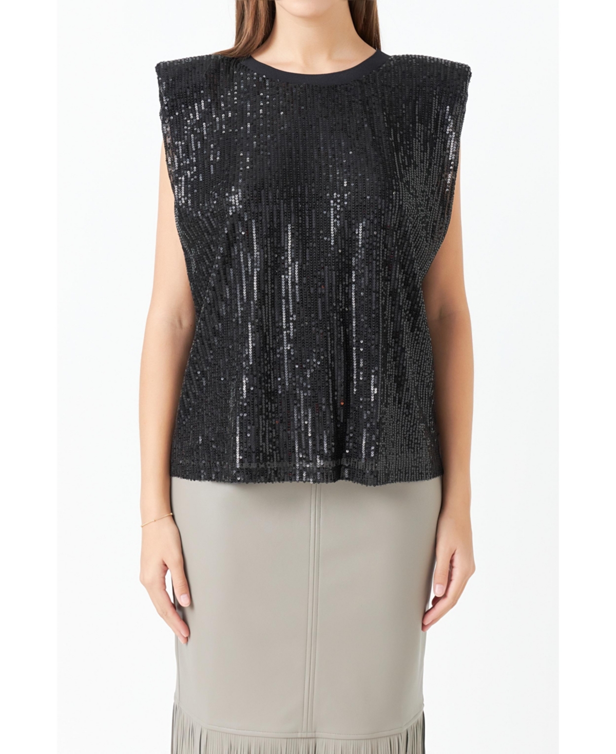 Click here for Womens Sequin Shoulder Pad Top - Black prices