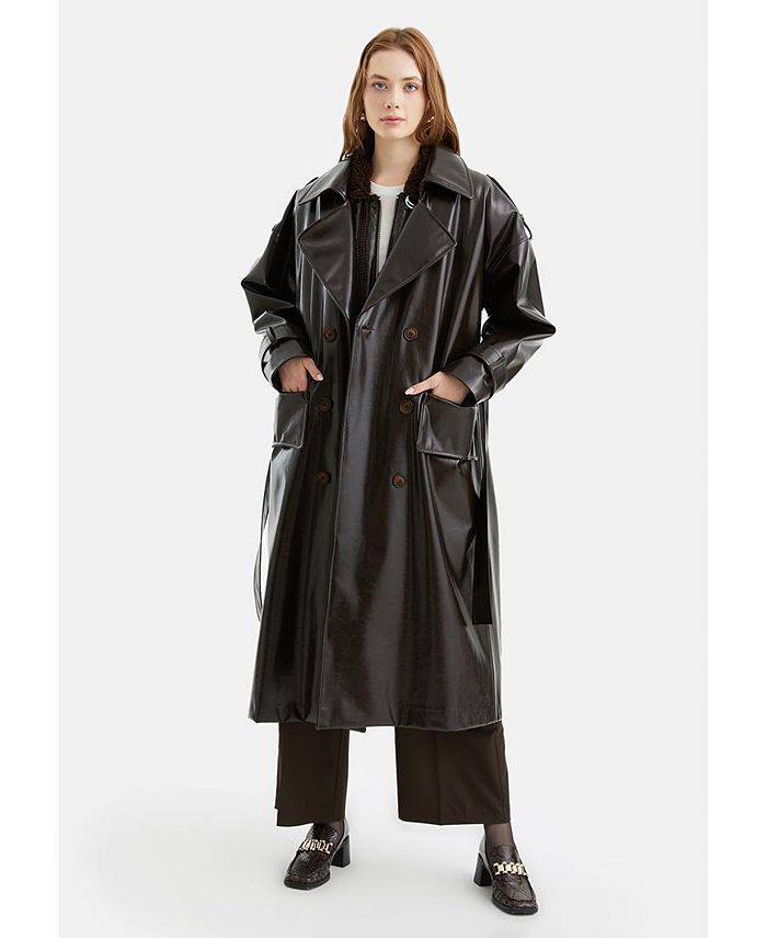 NOCTURNE Women's Belted Pleather Trench Coat - Macy's