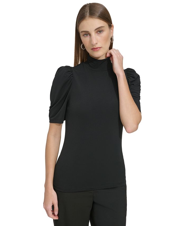 DKNY Petite Mock-Neck Puffed-Shoulder Top - Macy's