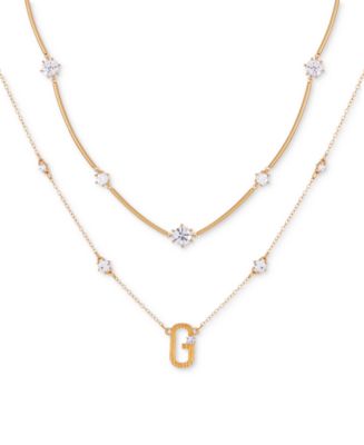 GUESS Gold-Tone Crystal & Textured Logo Layered Pendant Necklace, 16 ...