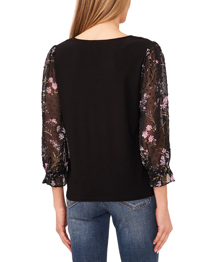 CeCe Women's Floral V-Neck Mix Media 3/4-Sleeve Knit Top - Macy's