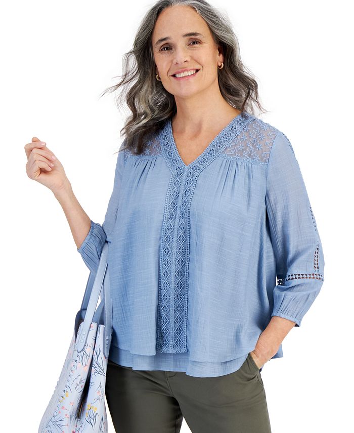 Style & Co Women's 3/4-Sleeve Embroidered Lace Top, Created for Macy's ...