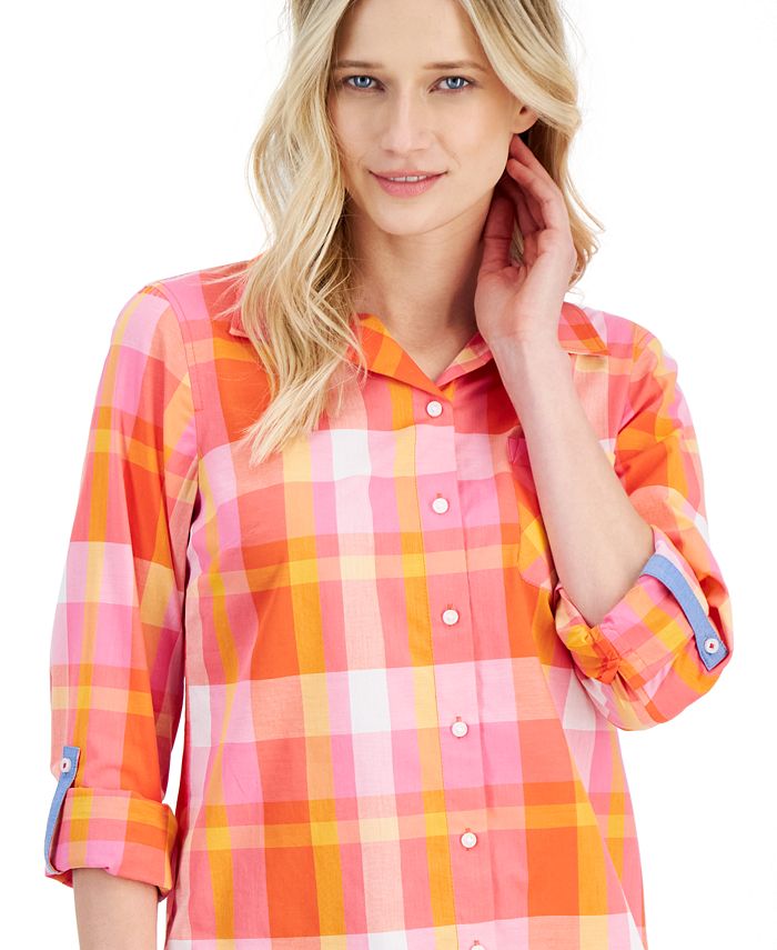 Nautica Jeans Women's Cotton Beach Plaid Roll-Tab Shirt - Macy's