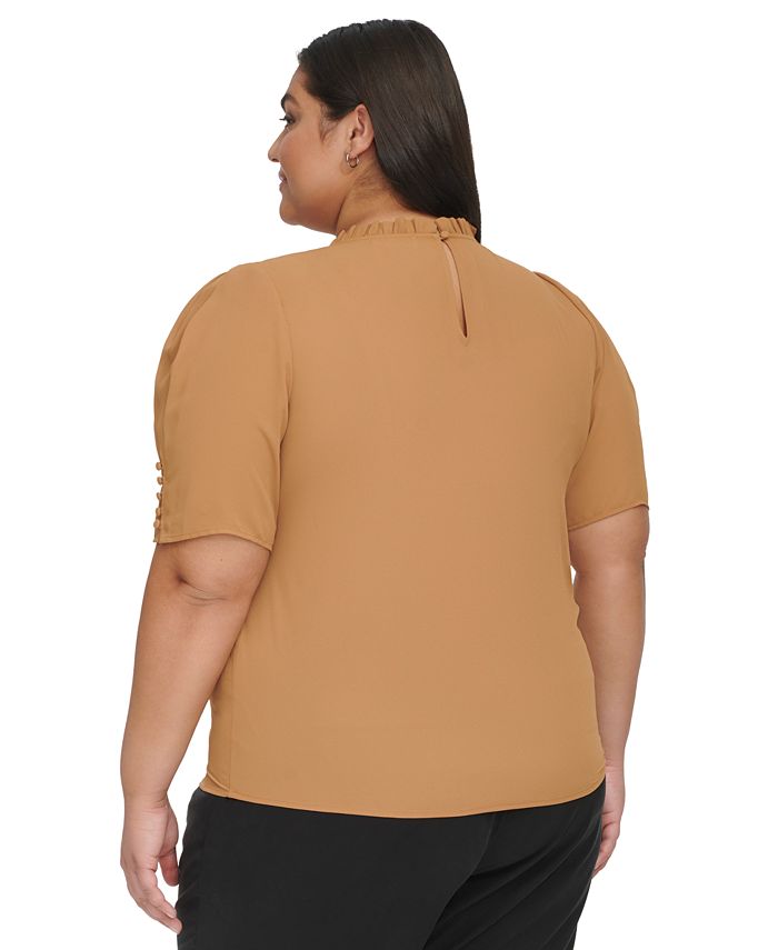 Calvin Klein Plus Size Ruffle-Neck Button-Sleeve Top - Macy's