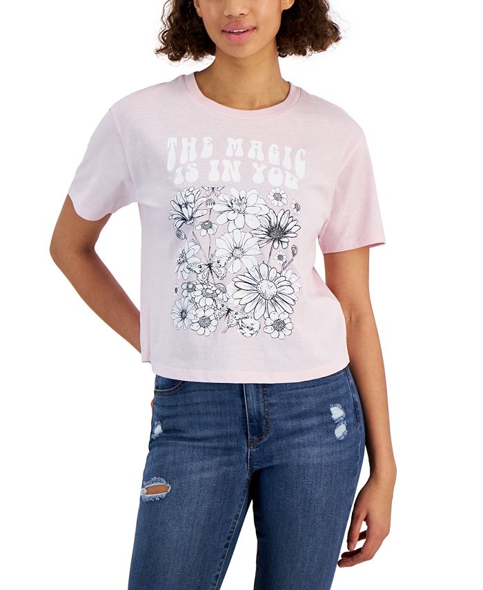 Rebellious One Juniors' Magic Floral Graphic Crewneck Tee - Macy's
