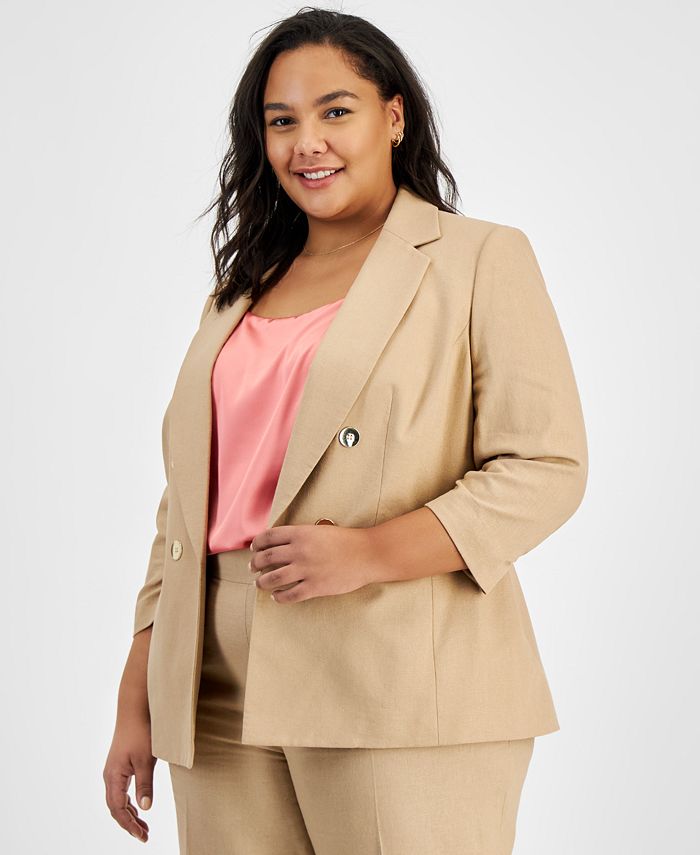 Bar III Plus Size Scrunch-Sleeve Linen-Blend Open-Front Blazer, Created ...