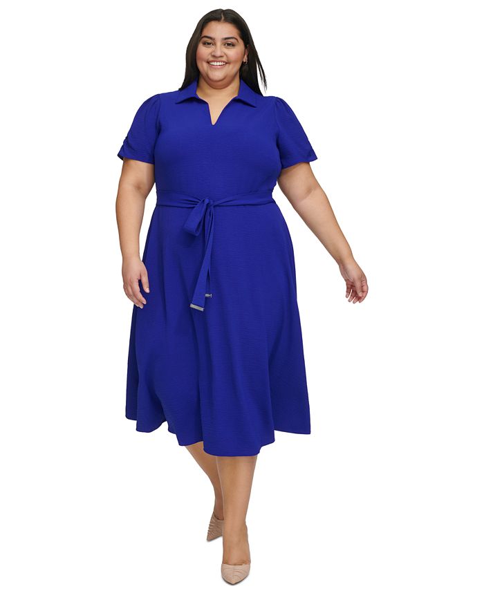 DKNY Plus Size Tie-Waist Point Collar A-Line Dress - Macy's