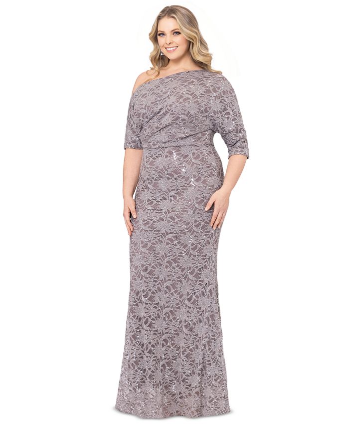 Betsy & Adam Plus Size Sequin-Lace One-Shoulder Dress - Macy's