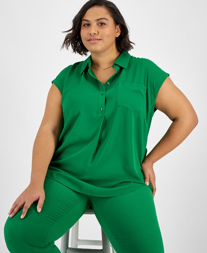 Bar III Plus Size Button-Front Cap-Sleeve Popover Top, Created for Macy ...